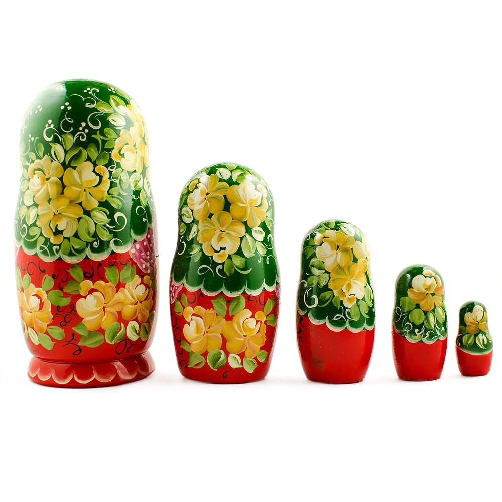 5 Girl with Green Scarf and Red Dress Wooden Nesting Dolls 7 Inches ...
